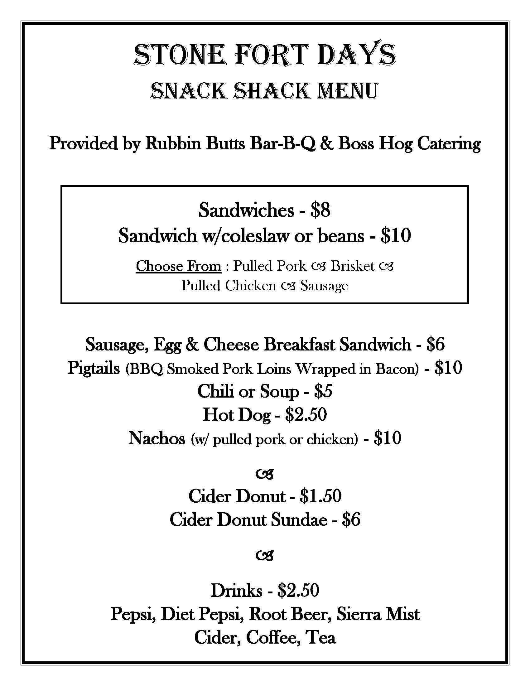 Snack Shack Menu The Old Stone Fort Museum Snack Shack Menu The Old Stone Fort Museum